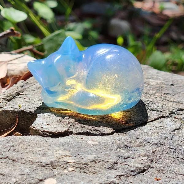Opalite Cat Statue Handcrafted Blue Clear Crystal Sleeping Kitten Home ...