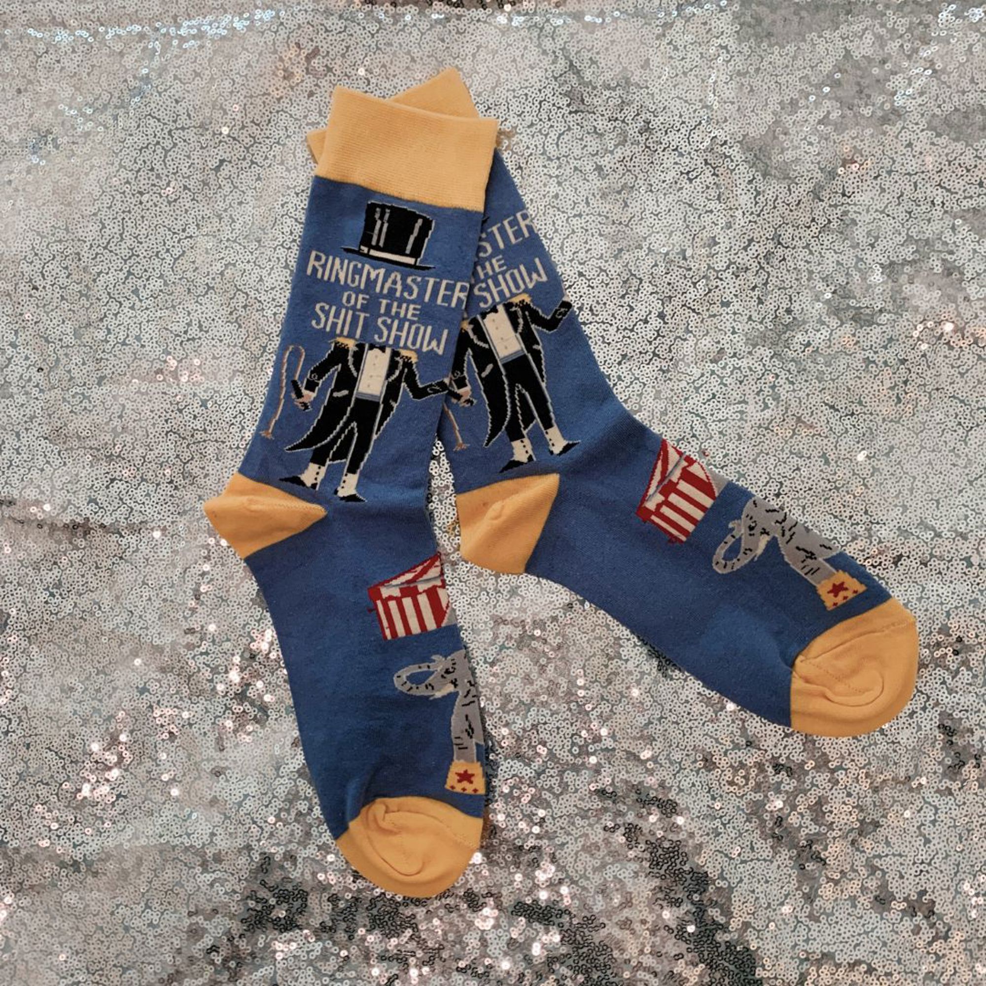 Ringmaster Of The Shit Show Funny Socks | Blue Circus Graphic Crew ...