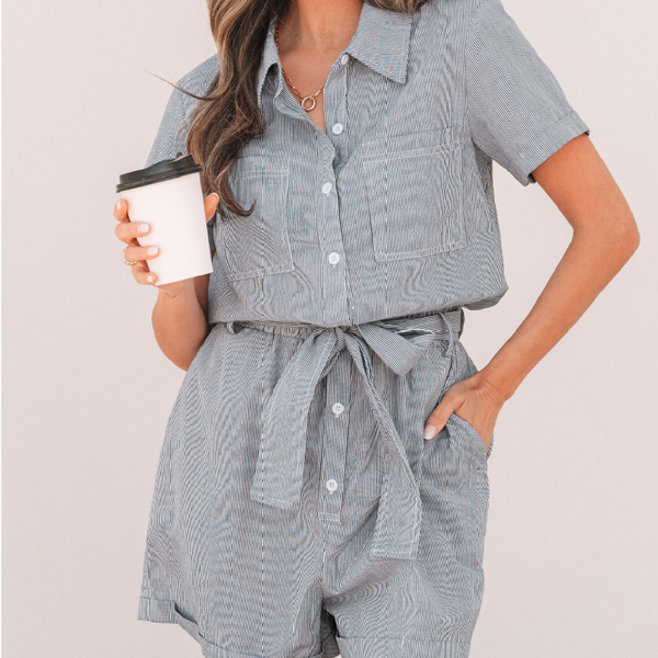 HIDDEN GEMS | Belted Beauty Stripe Buttoned Romper | Jane.com