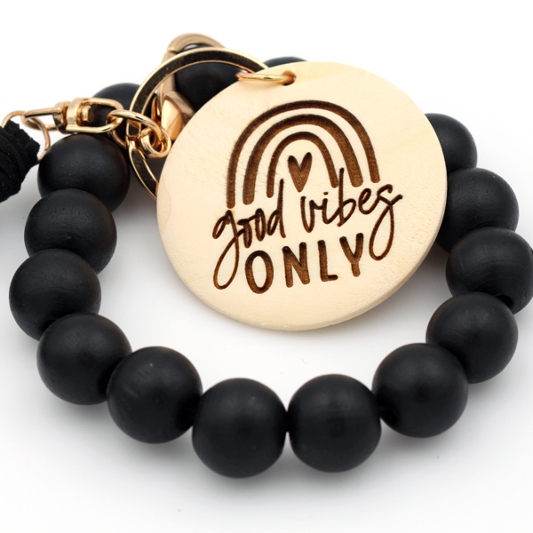 BLACK Wood Keychain Wristlet With Engraved Disc | Jane.com