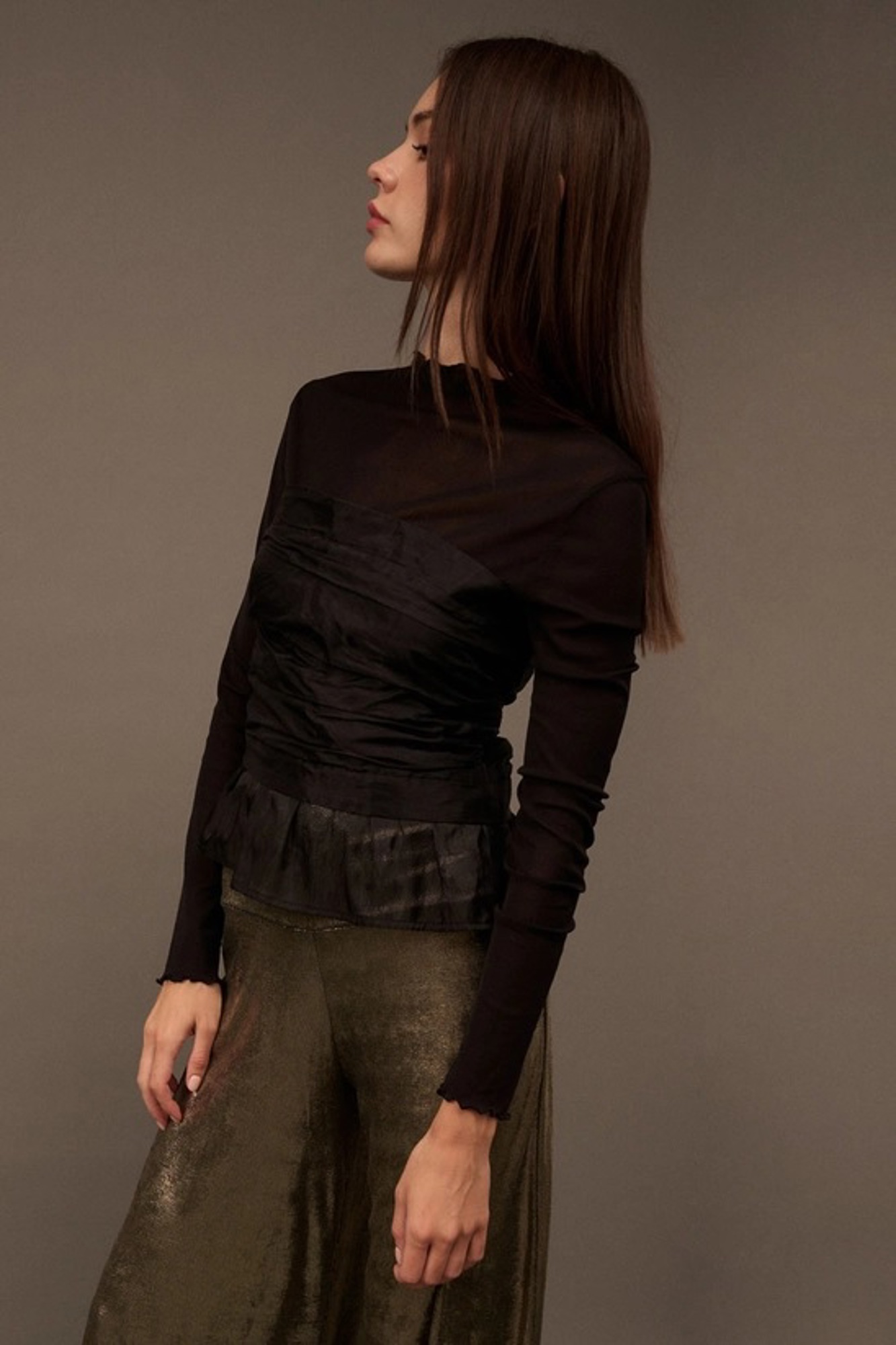 Eliza Solid Semi-Sheer Ruch Bodice Top | Women's Black Blouse | Date ...