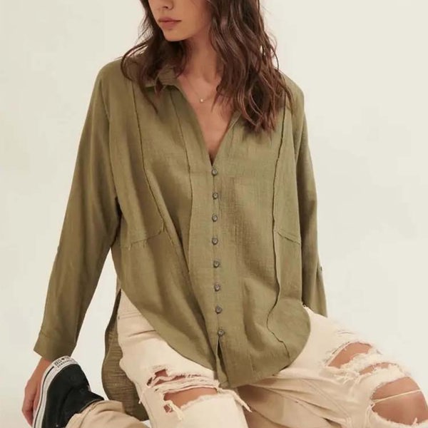 Gretchen Exposed Hem Button Down Top | Woven Green | Textured Button ...