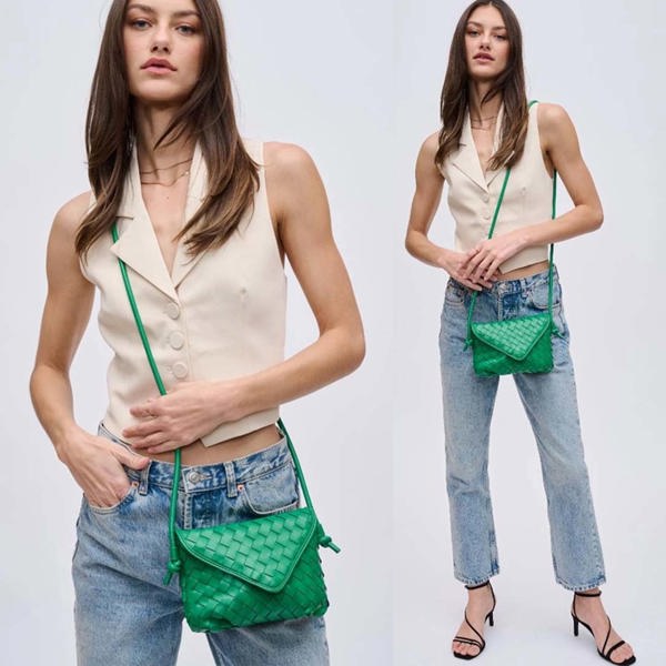 Kylo Woven Crossbody Bag | Green Vegan Leather Envelope Shaped Purse ...