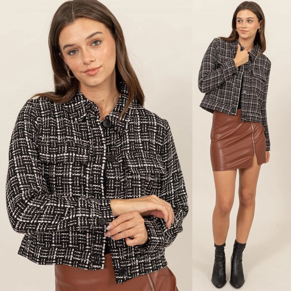 Marianne Tweed Button-Up Jacket | Black and White Patterned Jacket with ...