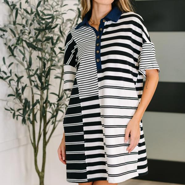 Everlasting Love Striped Collared Dress in Black and Navy | Jane.com