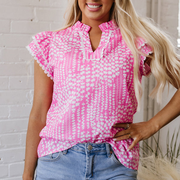 Cynthia Ric Rac Trim Flutter Sleeve Notch V Neck Blouse | Jane.com