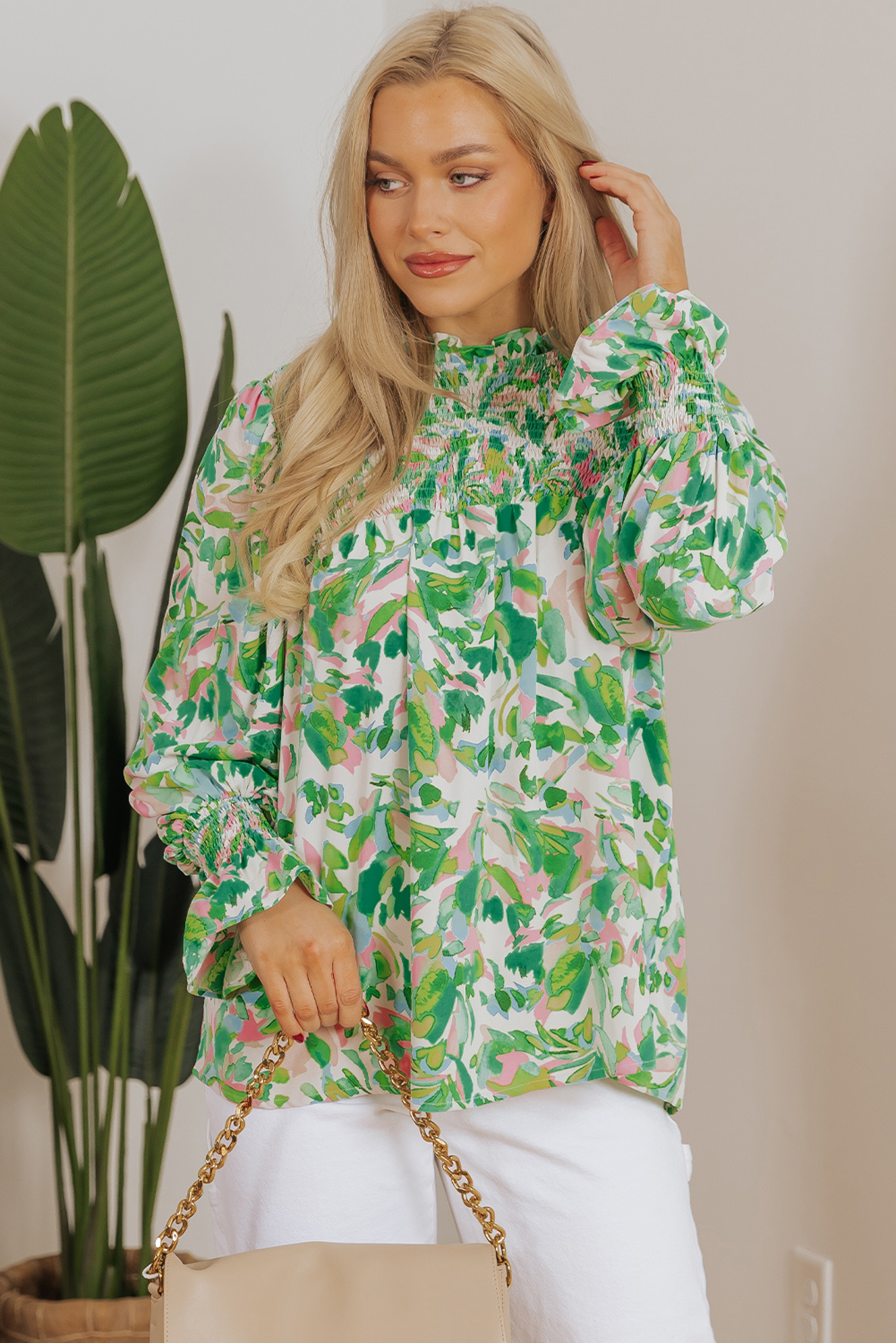 Milena Sleeve Shirred Mock Blouse | Jane.com