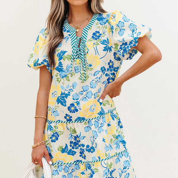 Payton Floral Striped Trim Puff Short Sleeve Dress | Jane.com