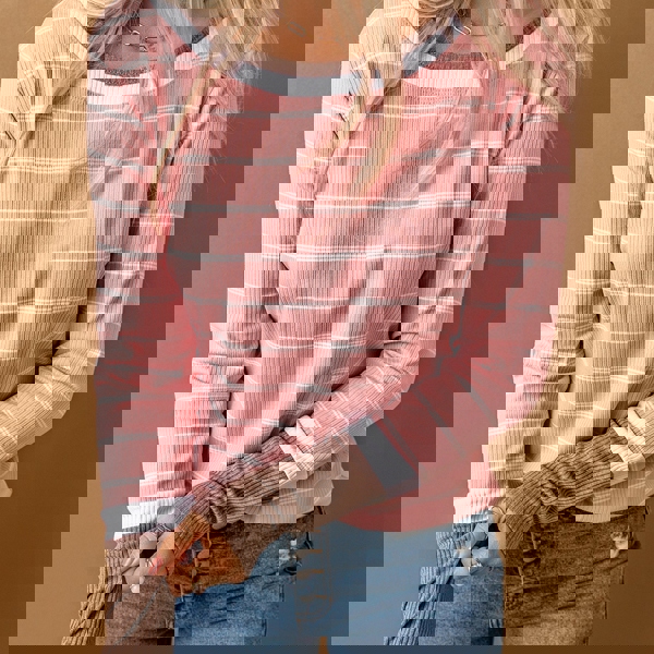 Pink Color Block Cuffs Rib Knit Striped Pullover | Jane.com